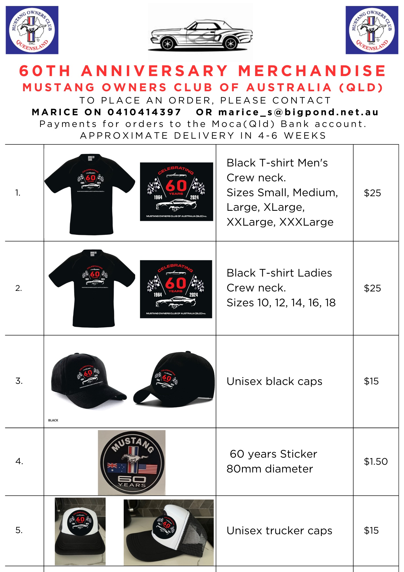 Club Merchandise – Mustang Owners Club Australia – Queensland Branch